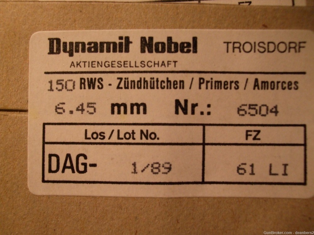 1200 Dynamit Nobel 6.45mm, Nr. 6504 Berdan Primers, 8 boxes of 150 ...