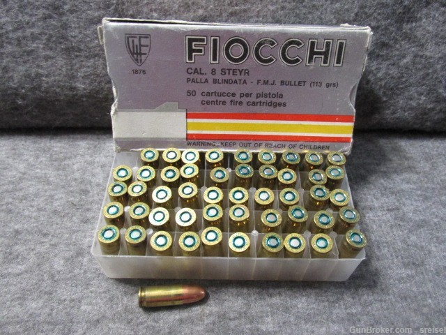BOX OF 50 ROUNDS FIOCCHI MADE 8mm STEYR CALIBER PISTOL AMMUNITION ...