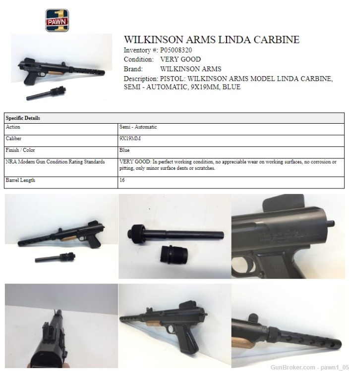 Wilkinson Arms Linda 9MM Carbine W/ Short Barrel No Mag - Semi Auto ...