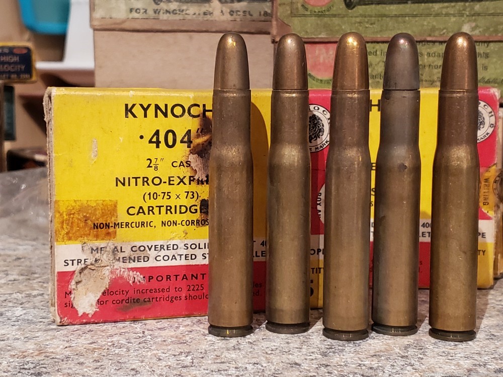 Full box of 5 rounds 404 Jeffrey nitro express ammo ammunition kynoch ...
