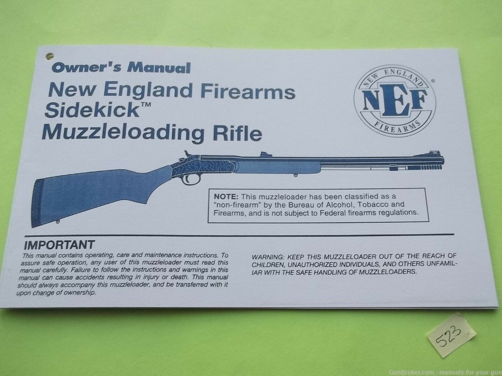 H & R and NEW ENGLAND FIREARMS SIDEKICK MUZZLELOADING RIFLE MANUAL (523 ...