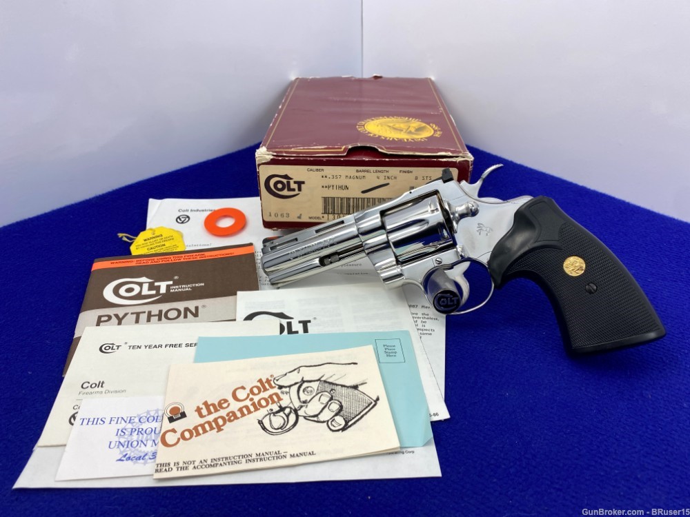 1986 Colt Python .357 Mag 4" *GORGEOUS FACTORY BRIGHT STAINLESS ...