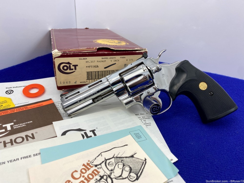 1986 Colt Python .357 Mag 4" *GORGEOUS FACTORY BRIGHT STAINLESS ...