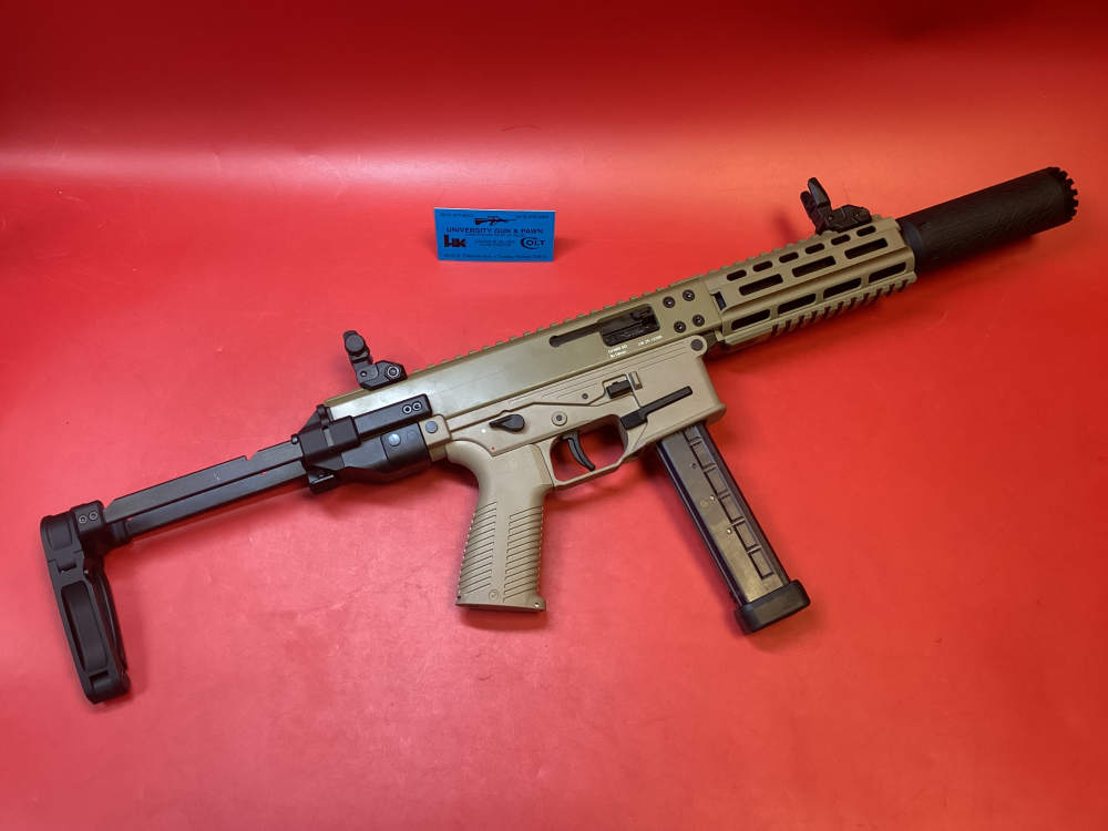 B&T SWISS 9mm GHM9 SD2 Coyote Tan pistol w/ 2 stage suppressor & brace ...