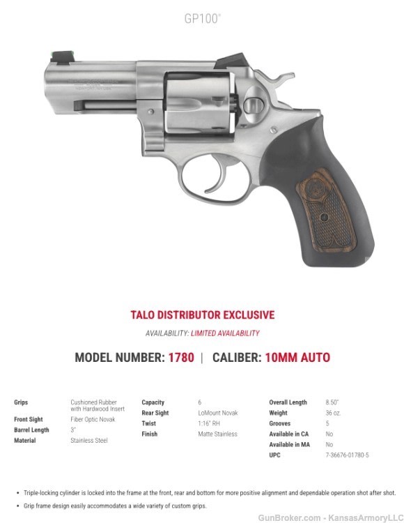 Ruger GP100 10mm SS revolver 3" barrel F/O Novak Sights Wiley Clapp ...