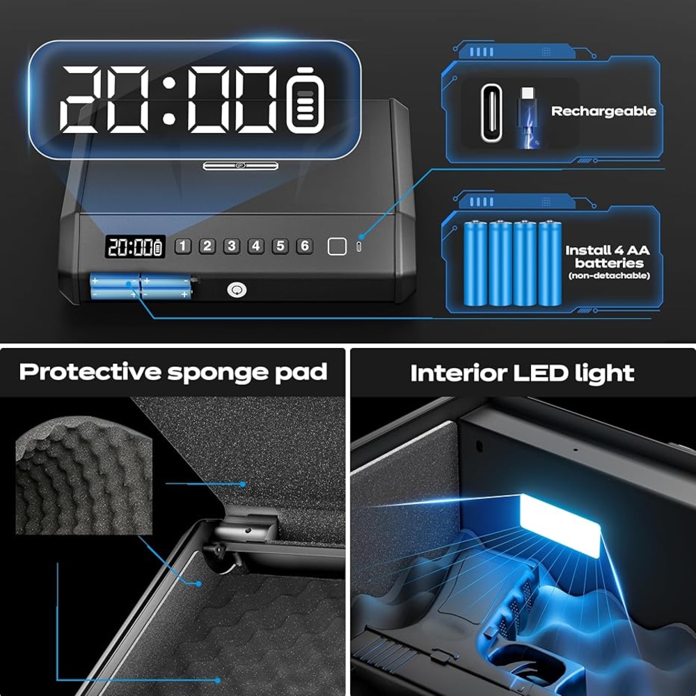 Pistol Gun Safe w/Fingerprint Access + Internal Light 12"x10"x3"A23 ...