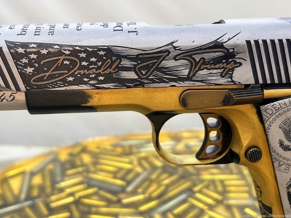 TRUMP 1911 Full Size Battleworn Cerakote 45ACP Engraved w custom case ...