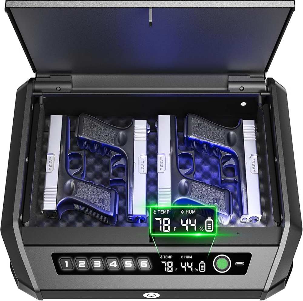 Pistol Gun Safe Temp+Humid Display + Fingerprint/Code Entry 13"x10"x3 ...