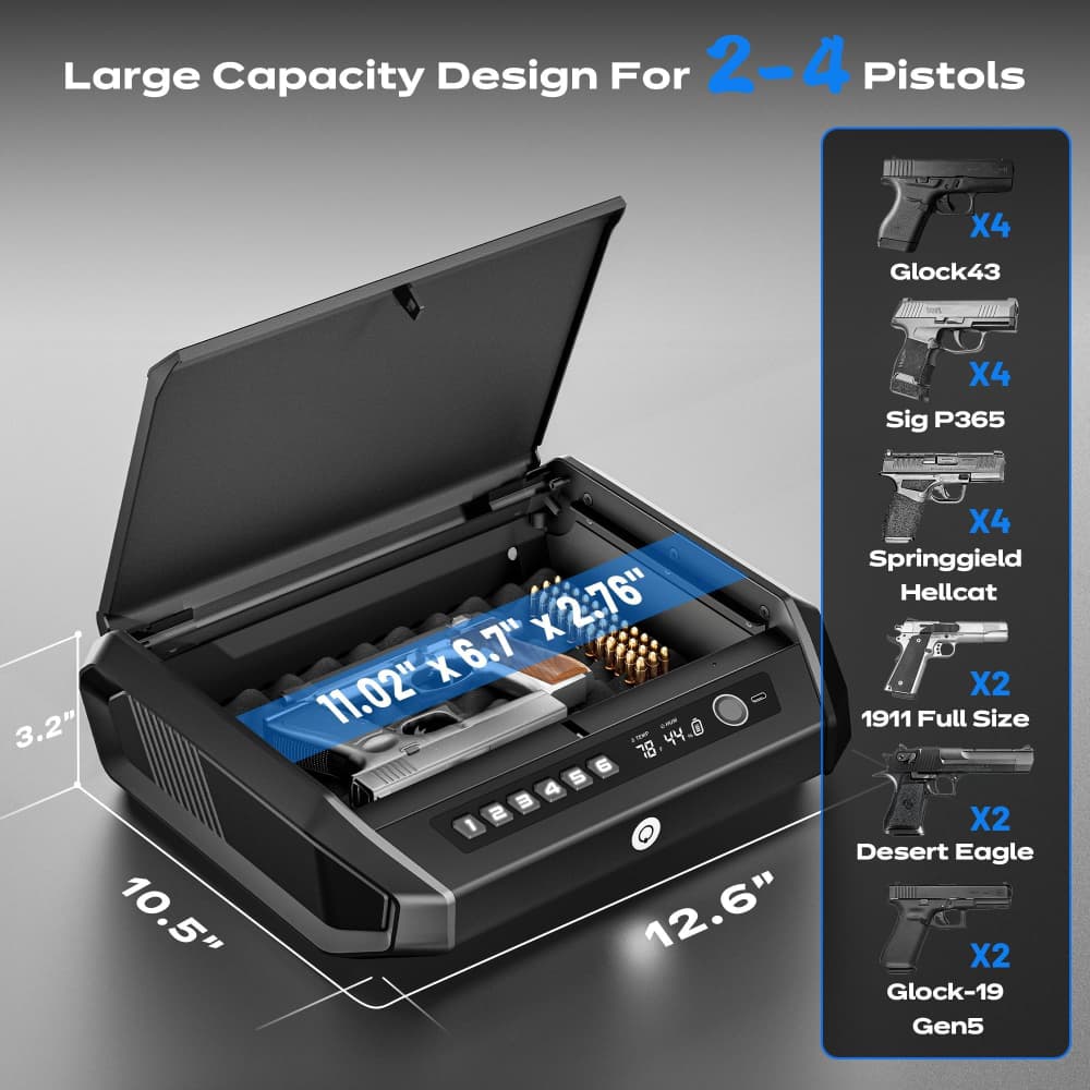 Pistol Gun Safe Temp+Humid Display + Fingerprint/Code Entry 13"x10"x3 ...