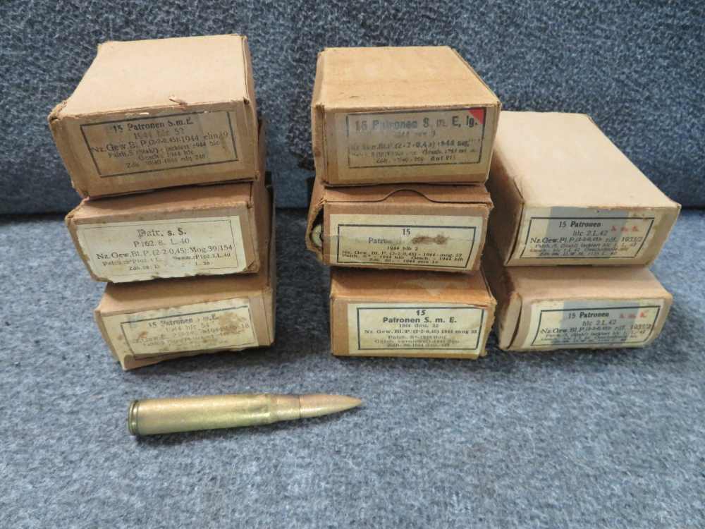 8 BOXES-120 ROUNDS OF WWII GERMAN 8mmMAUSER RIFLE AMMO-DIFFERENT TYPES ...