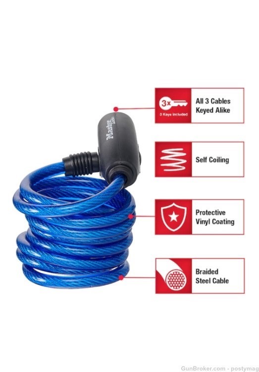 MASTER LOCK 6' cable qty 3 Integrated lock 5/16" core w/ poly coated ...