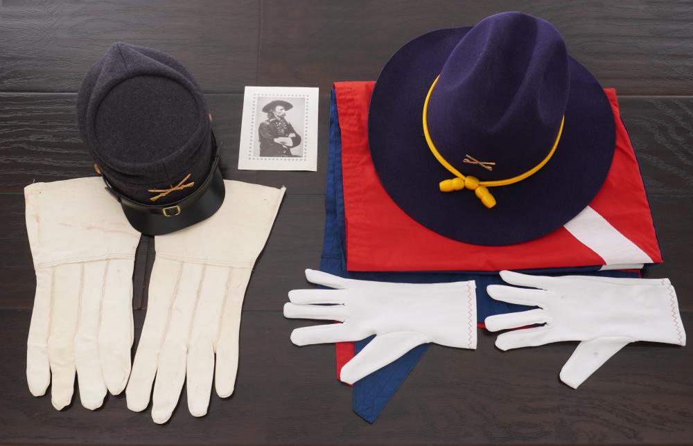 Collection of Repro General Custer/7th Cavalry Memorabilia: Hats, Flag ...