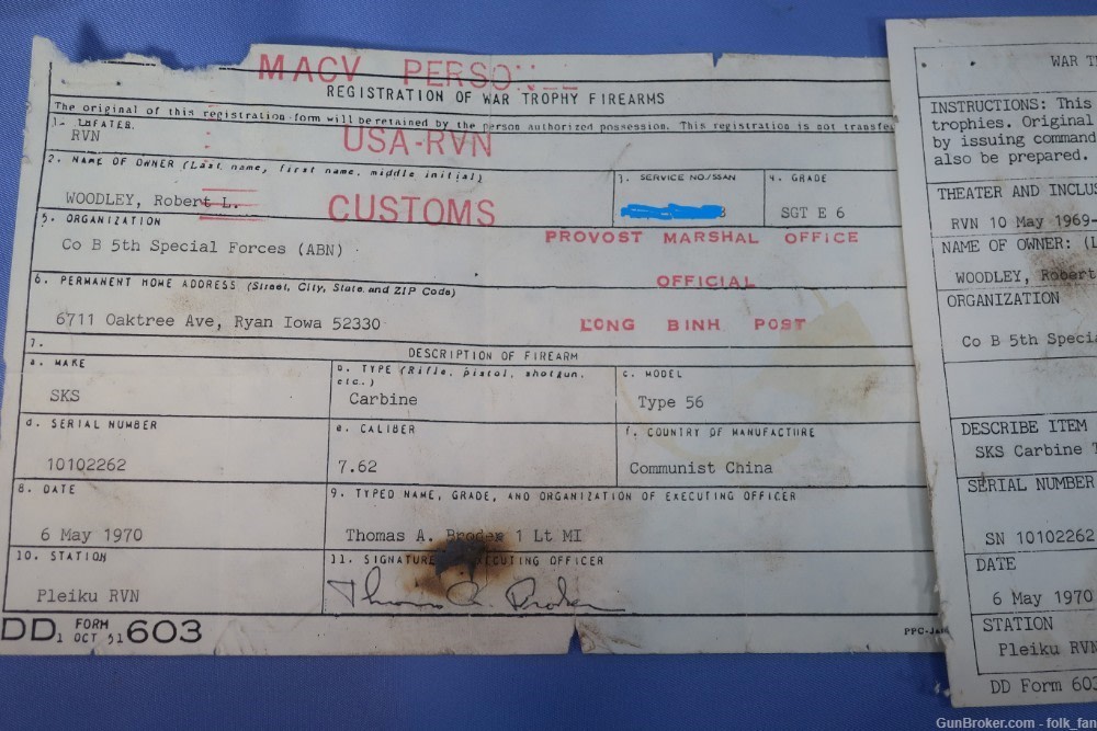 Chicom Chinese Type 56 SKS Vietnam Bring Back w/Papers, Beret Nha Trang ...