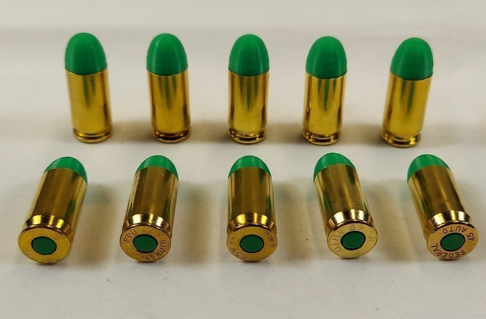 45 ACP Brass Snap caps / Dummy Training Rounds - Set of 10 - Green ...