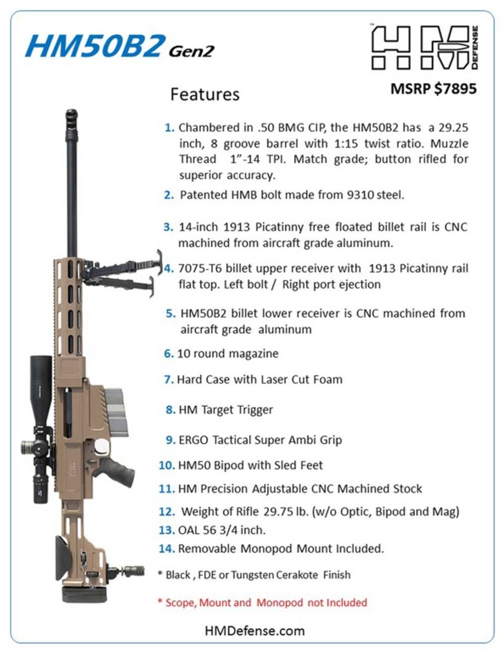 HM50B2 - 50 BMG - 29.25" Barrel - FDE - Includes Bipod - Bolt Action ...