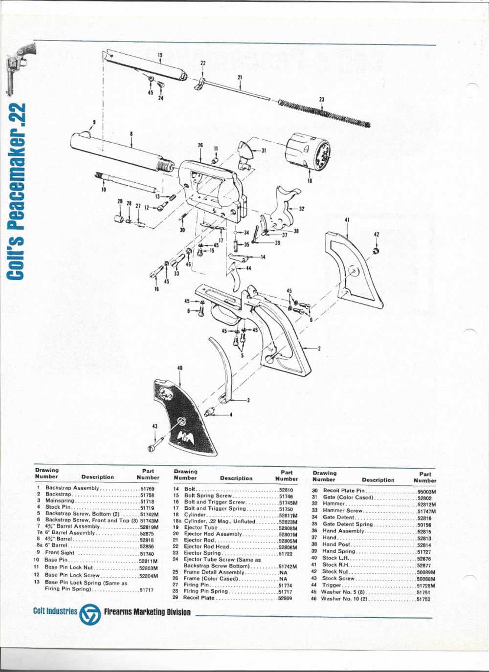 Original Colt's Peacemaker 22 Specifications, Exploded View & Parts ...