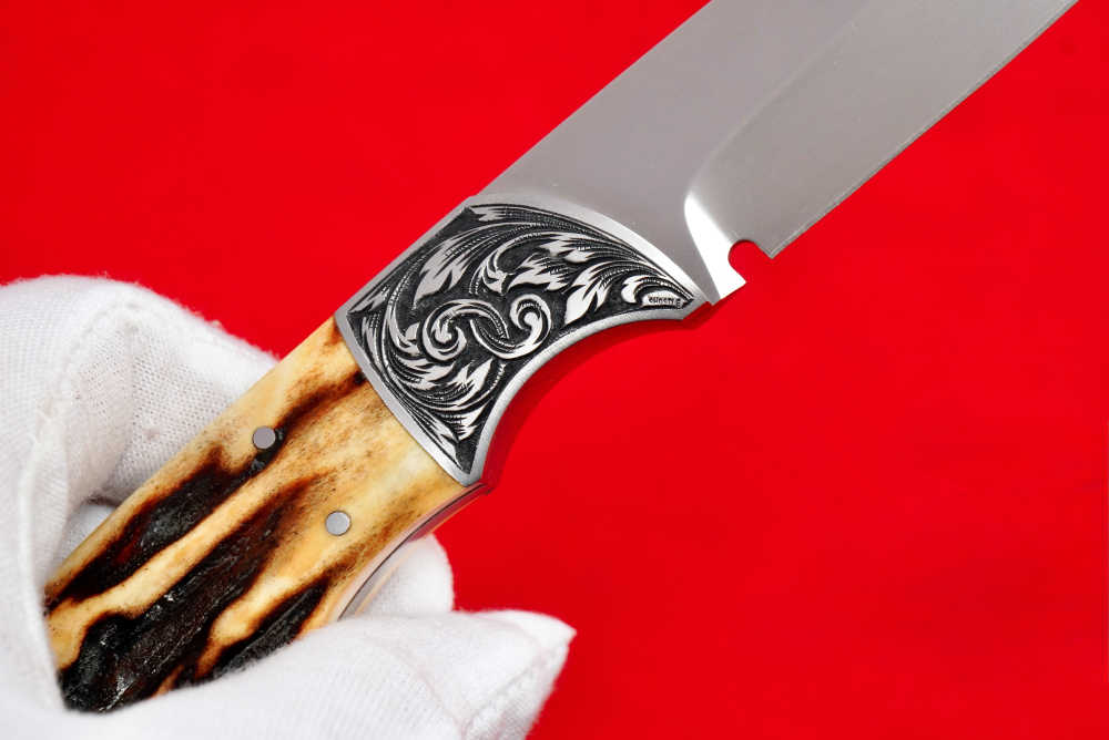 Rare Ron Gaston & Ben Shostle Master Engraved Gold Indian & Stag Handle - Fixed Blade Knives at ...