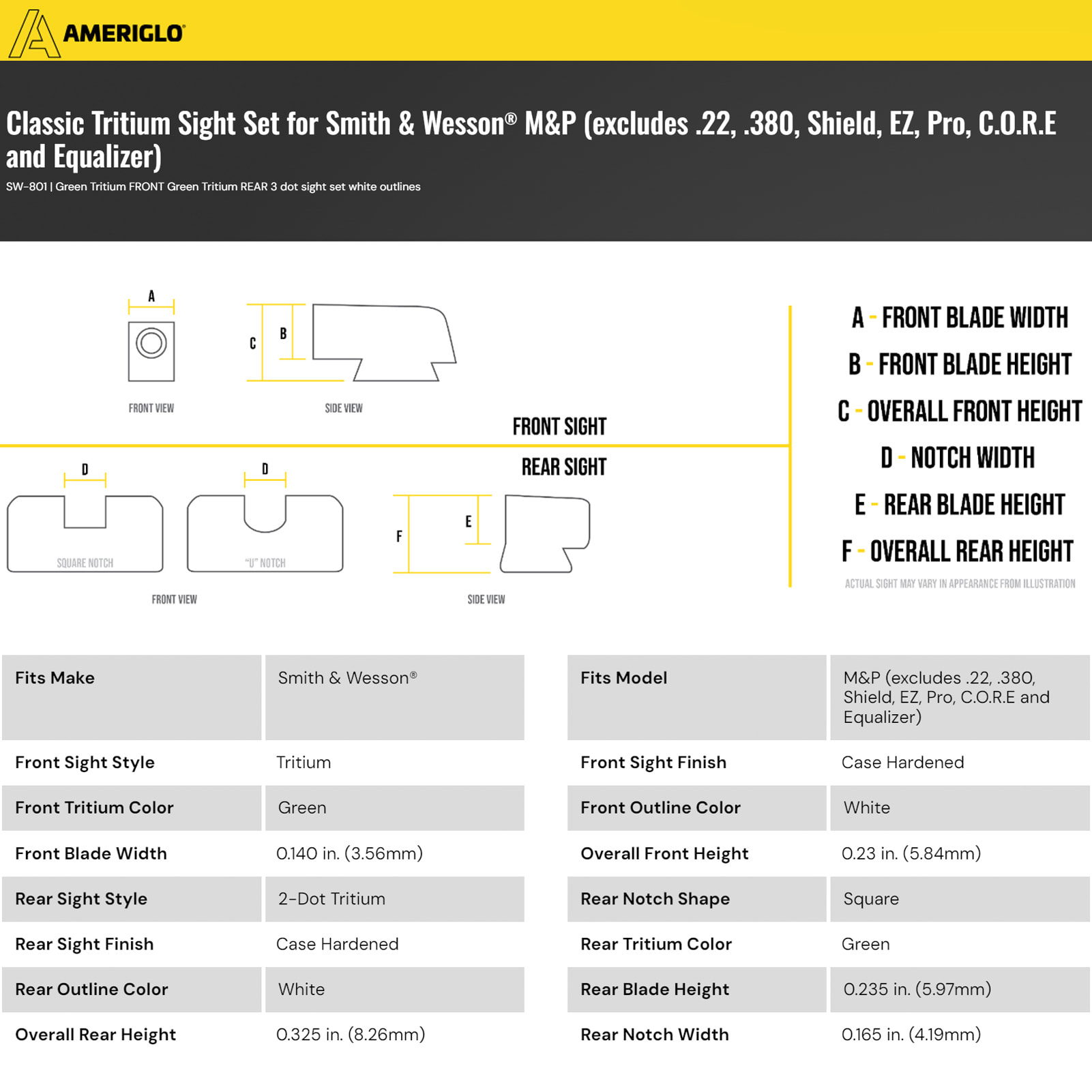 AMERIGLO S&W Classic Style 3-Dot Green w/White Outline Front & Rear ...