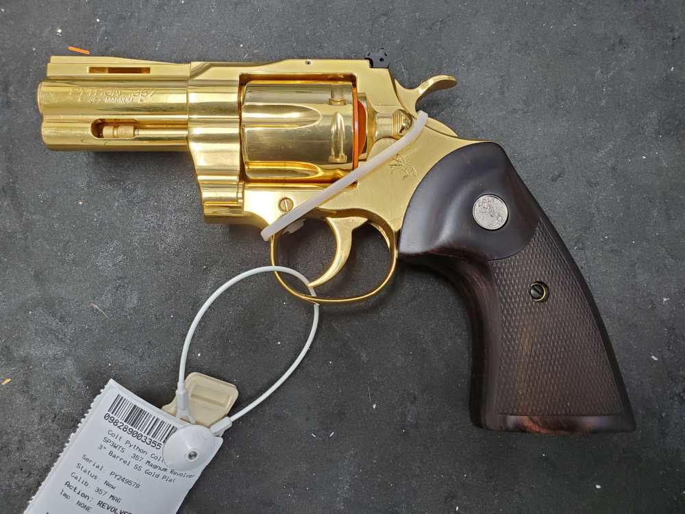 Colt Python 24 Carat Gold Plated Wood Grips 357 Magnum 3" Barrel - NEW - Revolvers at GunBroker ...