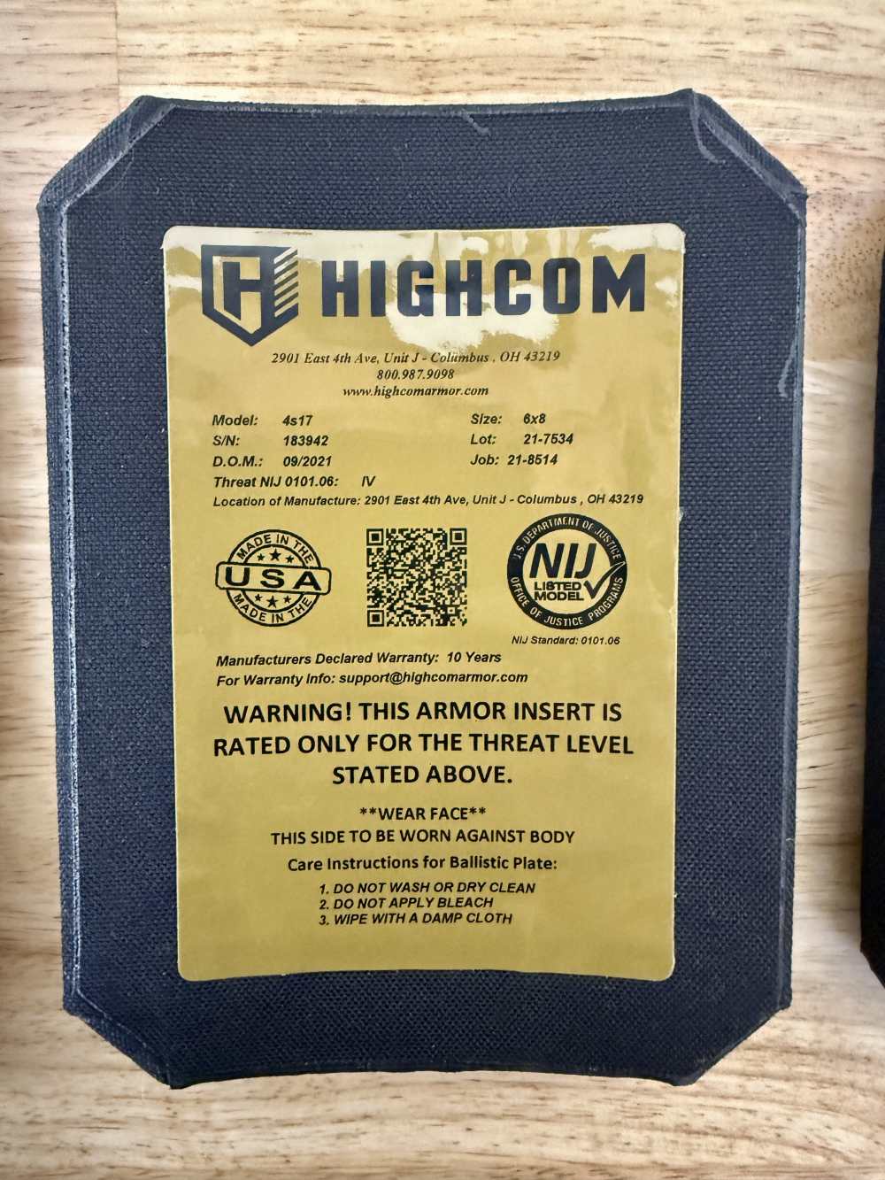 HighCom 4s17m Level IV Body Armor - SAPI (10" x 12"), Shooters, Side ...