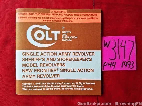Orig Colt SA Army New Frontier Owners Manual 1993 - Gun Posters ...