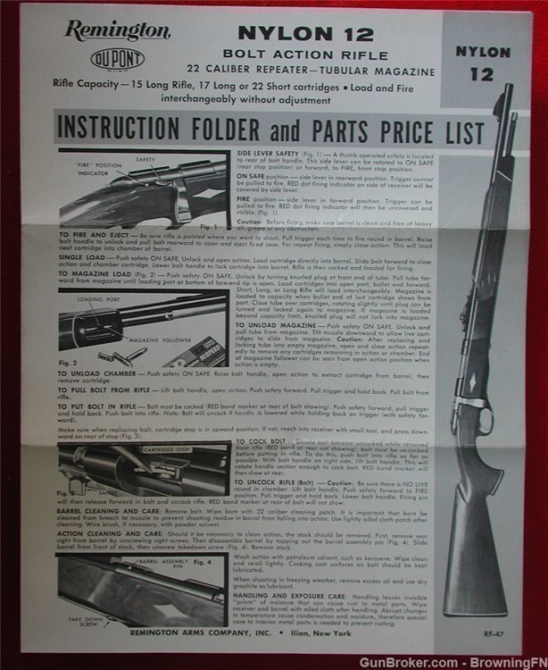 Orig Remington Model Nylon 12 Owners Instruction Manual 1960s Tri-Fold ...
