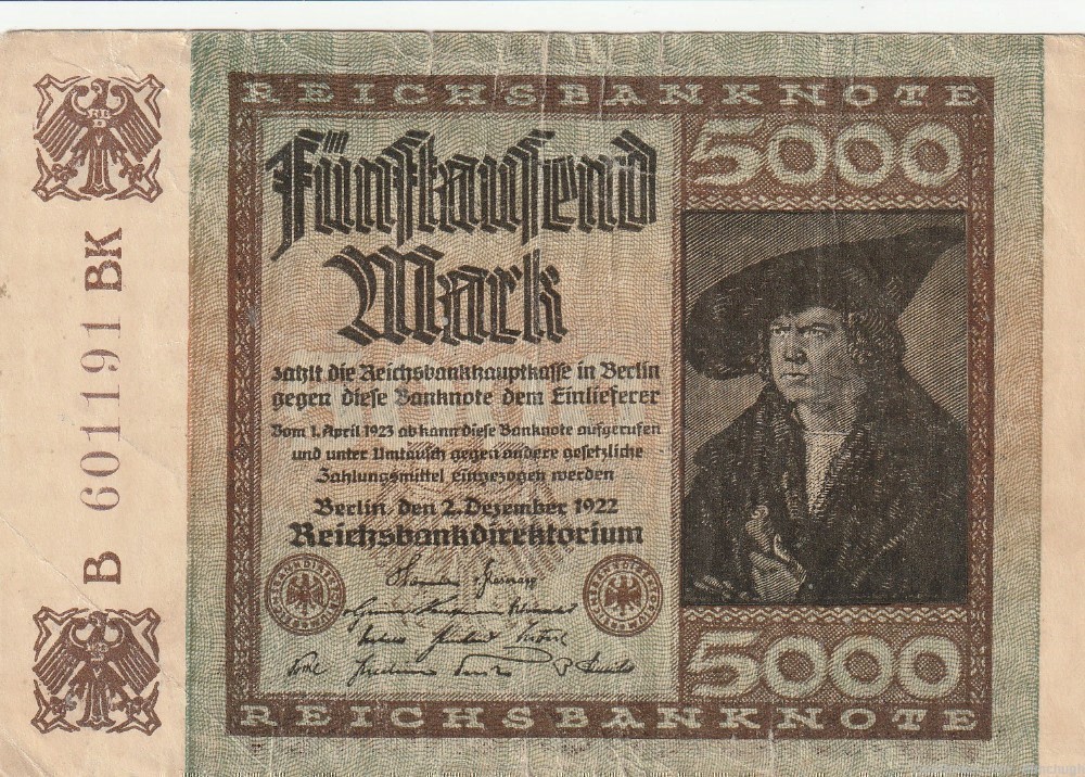 Post WWI Weimar Germany Currency Note, 5000 Marks, 1922 - WWI & WWII ...