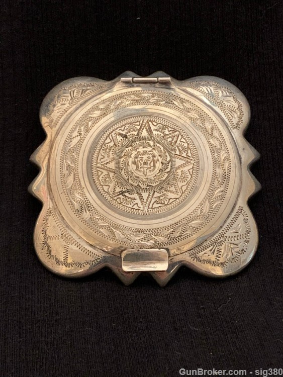 VINTAGE MEXICAN STERLING SILVER LADIES MAKEUP COMPACT WITH AZTEC DESIGN ...