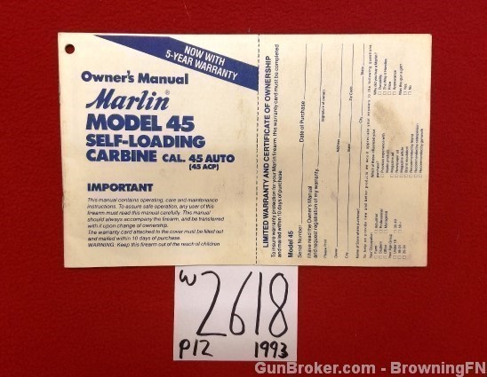Orig Marlin Model 45 Owners Instruction Manual 1993 - Gun Posters ...