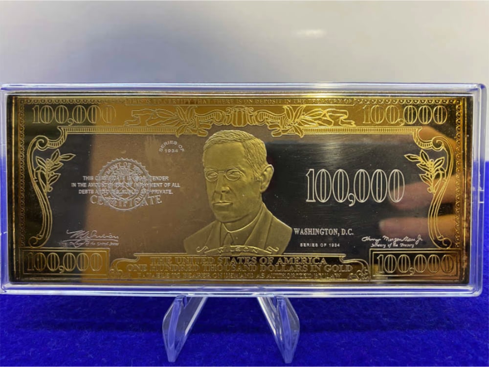 (1) PURE SILVER w/ GOLD Plating $100,000 Bank Note *12.3 TROY OUNCES ...